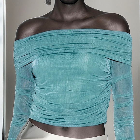 Zara | Tops | Zara Off The Shoulder Ruched Organza Turquoise Top | Poshmark
